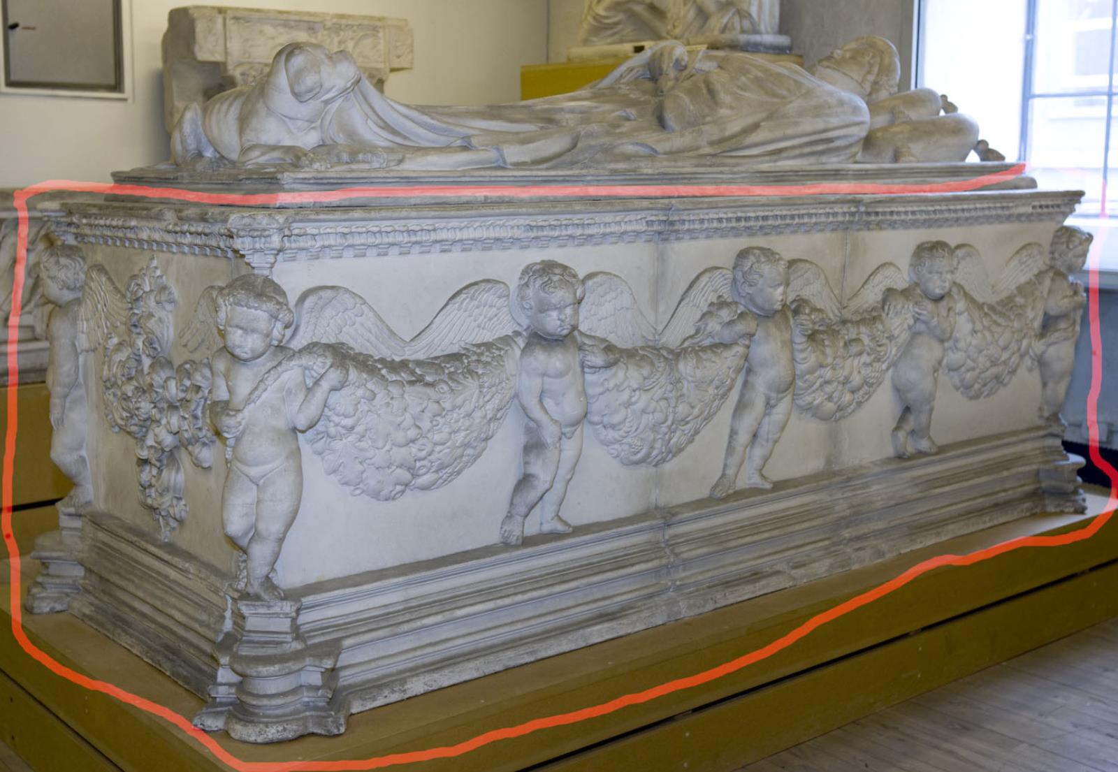 Sarkofag. Siderne af Ilaria del Carettos gravmæle ( -1405) med putti og ...